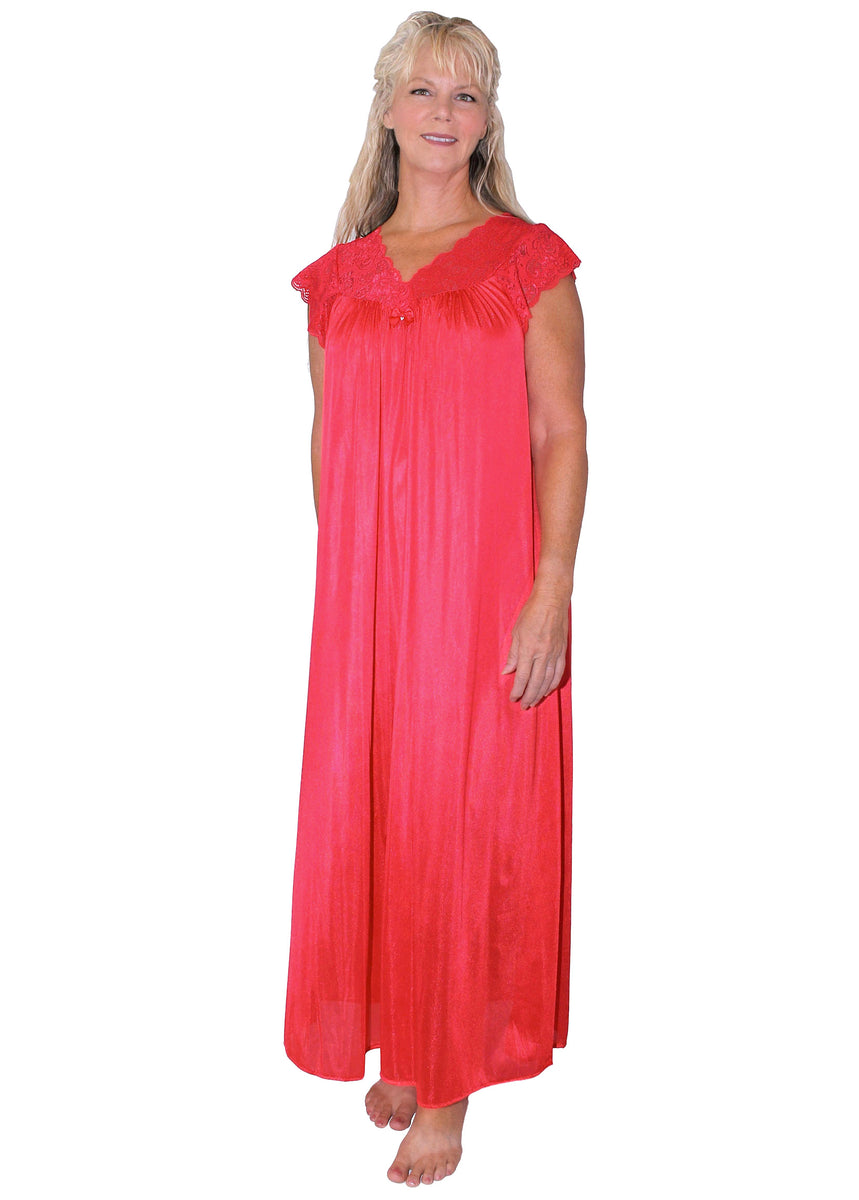 Shadowline Women's Nightgown Long Nylon Silky Silhouette Lace Cap Slee ...