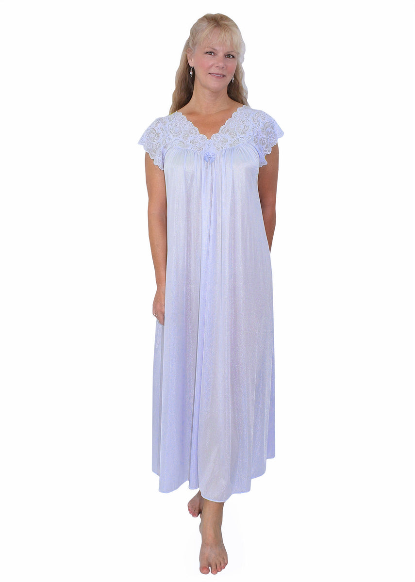Shadowline Women's Nightgown Long Nylon Silky Silhouette Lace Cap Slee ...